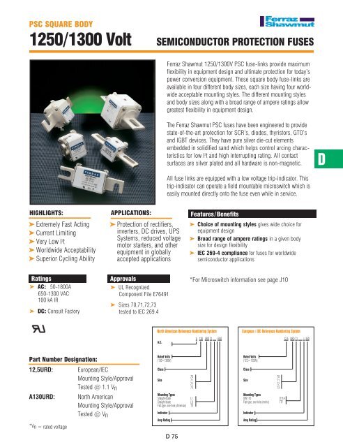 1250/1300 Volt SEMICoNDUCToR PRoTECTIoN FUSES