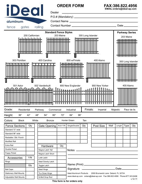 download pdf order form for fax - Ideal Aluminum Products
