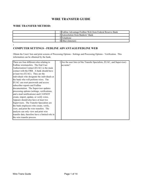 Wire Transfer Guide - Iowa Division of Banking