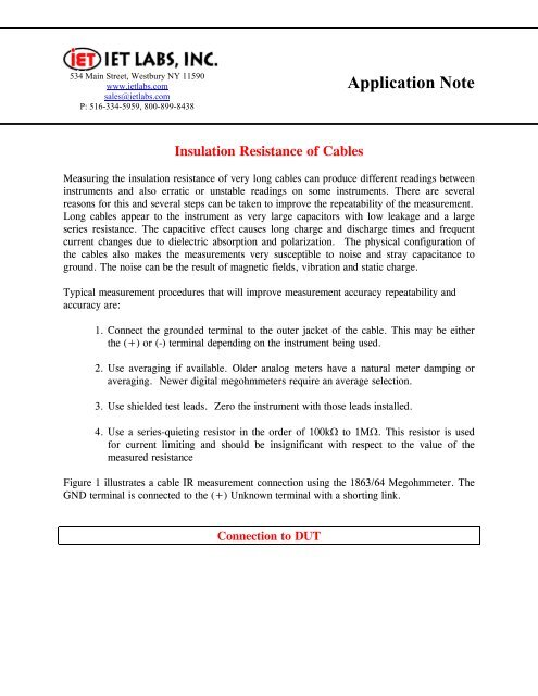 Insulation Resistance of Cables for the 1863/1864 ... - IET Labs, Inc.