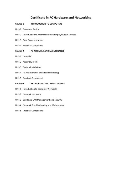 Certificate in PC Hardware and Networking - IGNOU