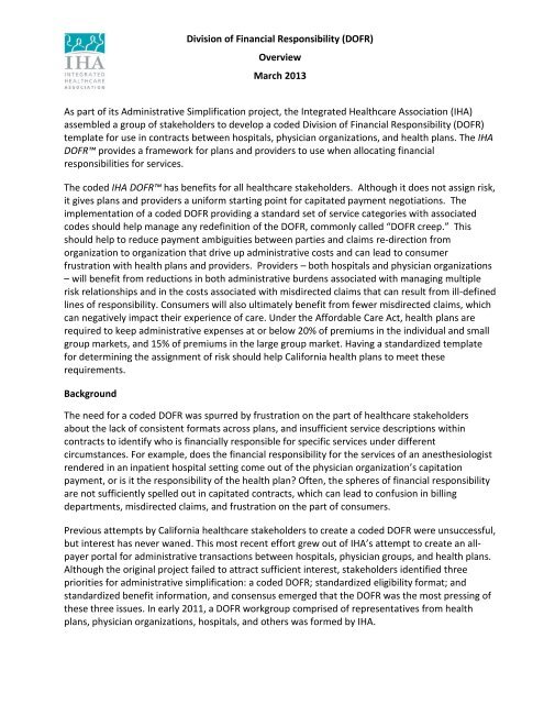 DOFR Overview - Integrated Healthcare Association