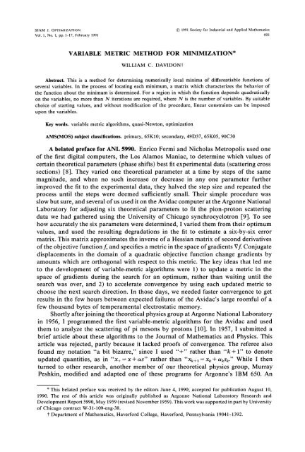 Variable Metric Method For Minimization