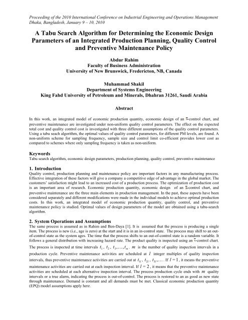 A Tabu Search Algorithm For Determining The Economic Design Ieom