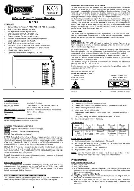6 Output Presco™ Keypad Decoder. “Series 1” - iiNet
