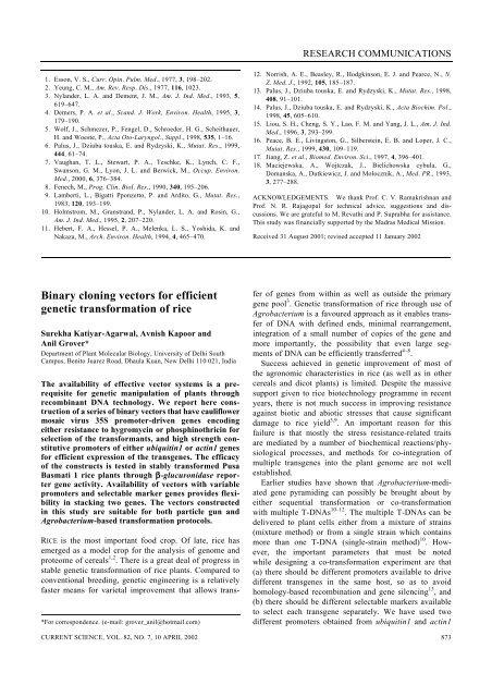 Binary cloning vectors for efficient genetic transformation of rice - IISc