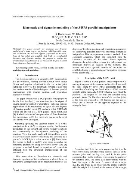 Kinematic And Dynamic Modeling Of The 3 Rps Parallel Iftomm