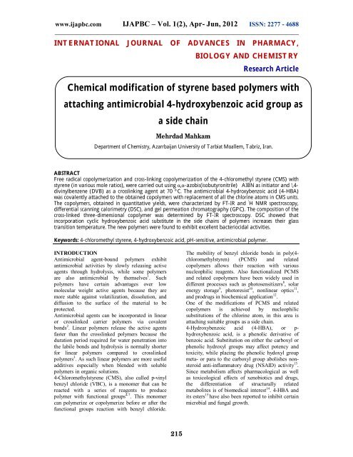 Chemical modification of styrene based polymers with ... - ijapbc