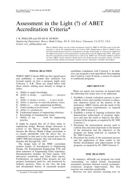 Assessment in the Light (?) of ABET Accreditation Criteria*