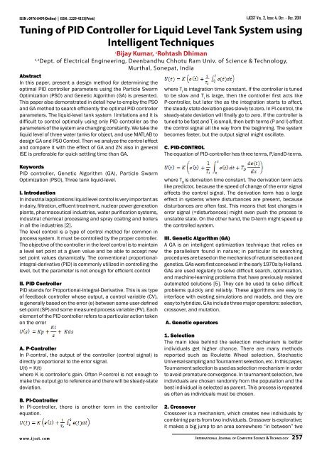 Tuning of PID Controller for Liquid Level Tank System using ... - IJCST