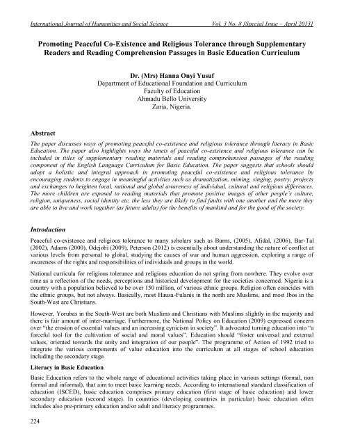 Promoting Peaceful Co-Existence and Religious Tolerance through ...