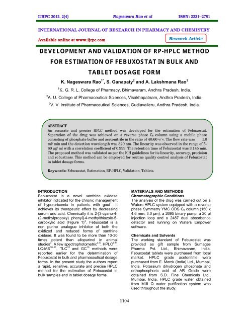 Development And Validation Of Rp Hplc Method For Estimation Ijrpc