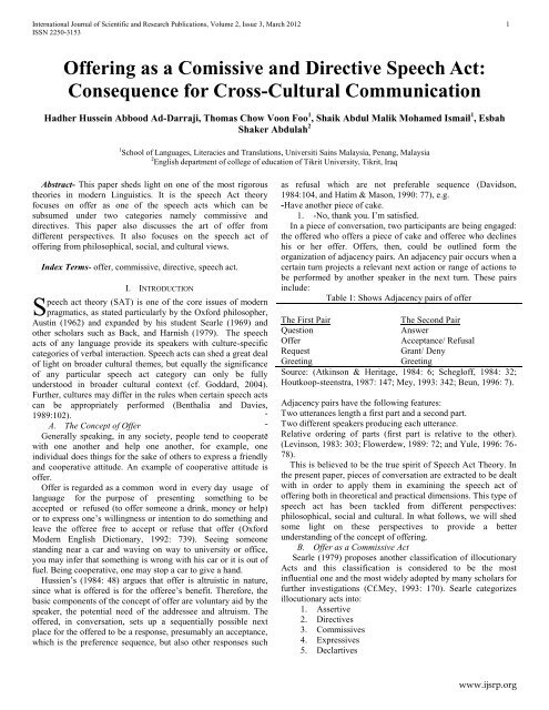 Offering as a Comissive and Directive Speech Act ... - Ijsrp.org