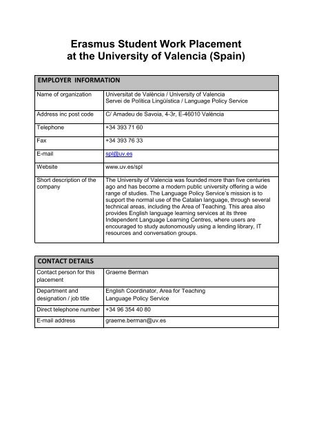 Erasmus Student Work Placement at the University of Valencia (Spain)