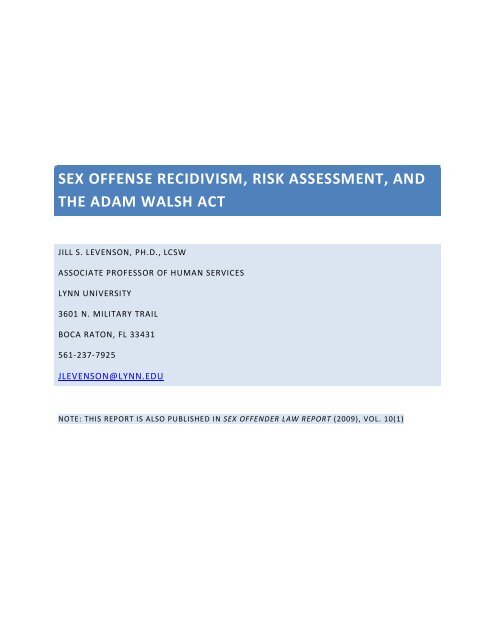 Sex Offense Recidivism Risk Assessment And The Adam Walsh Act