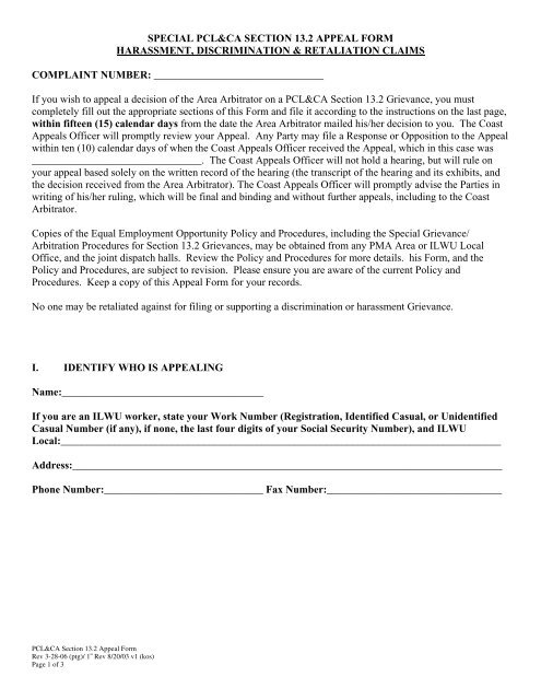 Appeal 13.2 Form - ILWU Local 94 Foremen's Union
