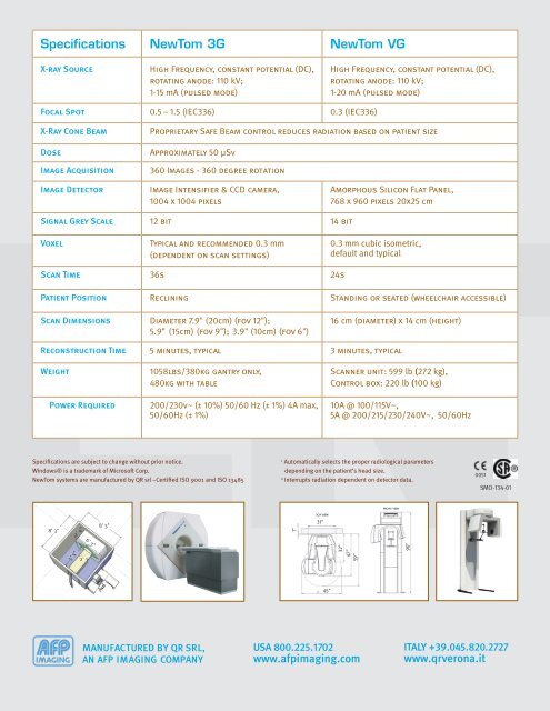 Specifications NewTom 3G NewTom VG