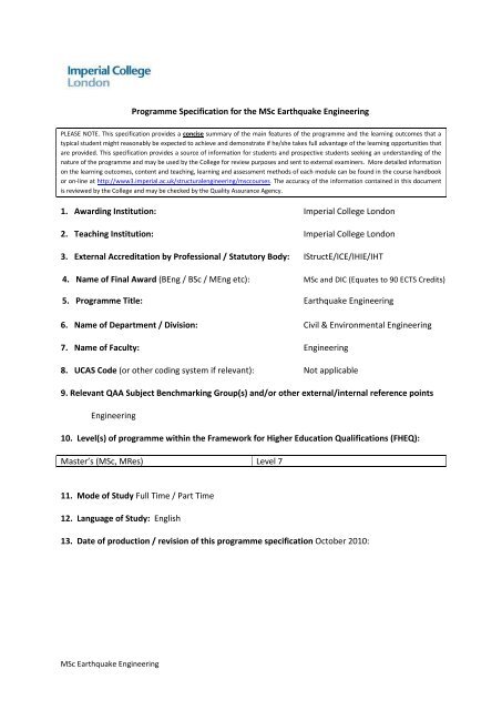 Programme Specification for the MSc Earthquake Engineering 1 ...