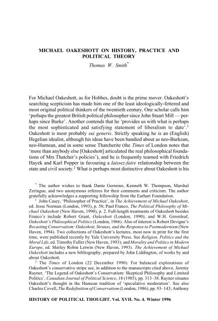 Michael Oakeshott on History, Practice and Political Theory