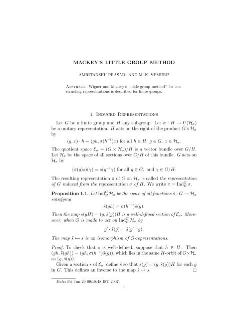 MACKEY'S LITTLE GROUP METHOD 1. Induced Representations ...