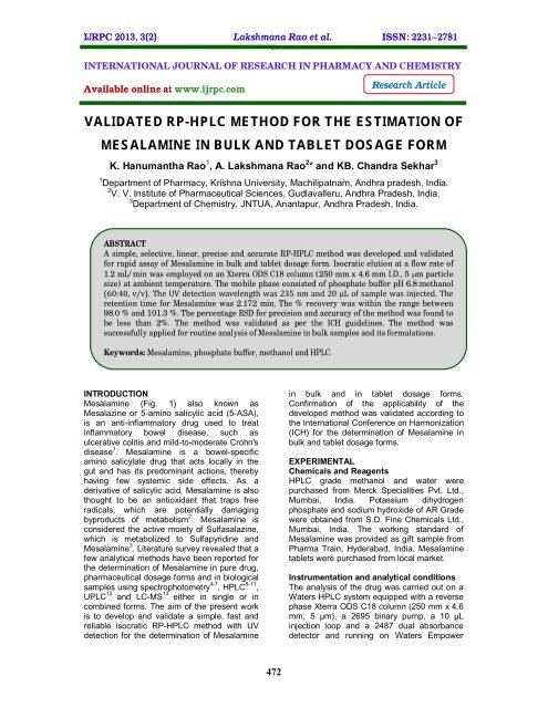 Validated Rp Hplc Method For The Estimation Of Mesalamine In Ijrpc