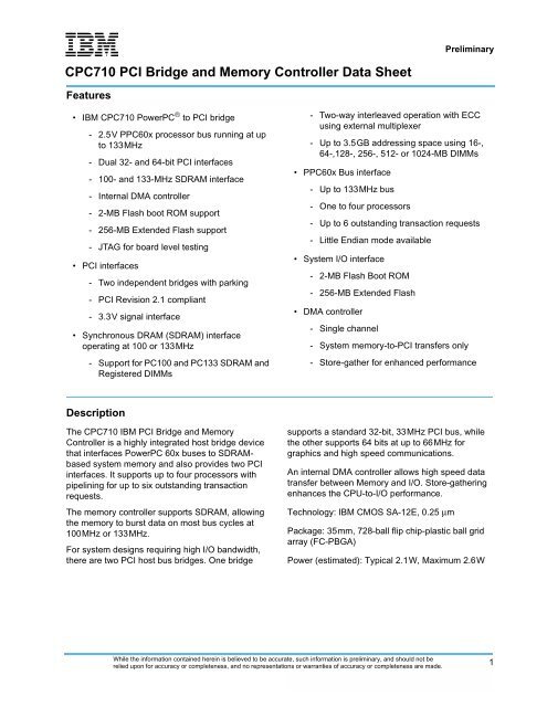 CPC710 PCI Bridge and Memory Controller Data Sheet - IBM