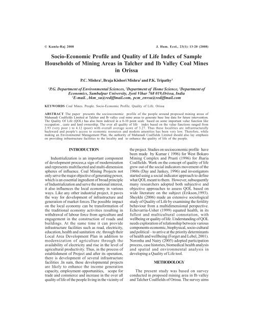 Socio-Economic Profile and Quality of Life Index of Sample ...