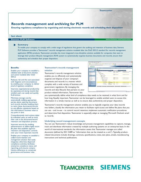 Teamcenter records management and archiving for PLM fact sheet