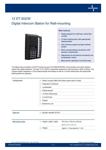 12 DT 002/W Digital Intercom Station for Wall-mounting - Industronic