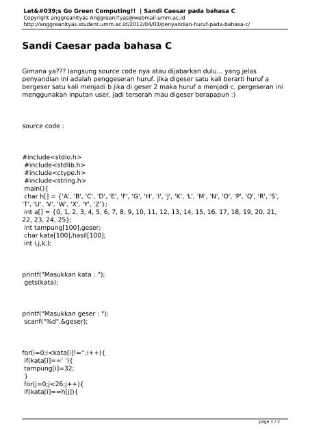 Sandi Caesar pada bahasa C - Let's Go Green Computing!!