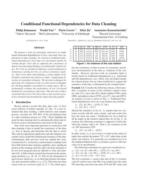 Conditional Functional Dependencies for Data Cleaning