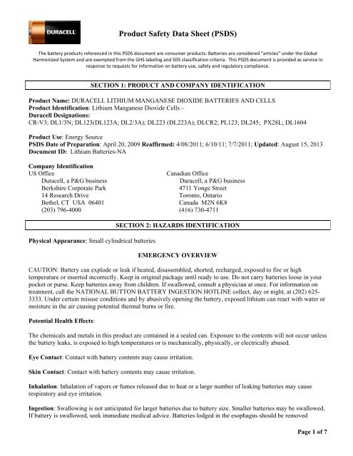 Product Safety Data Sheet (PSDS)