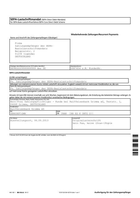 Muster SEPA-Basislastschriftmandat - Raiffeisenbank Grimma eG