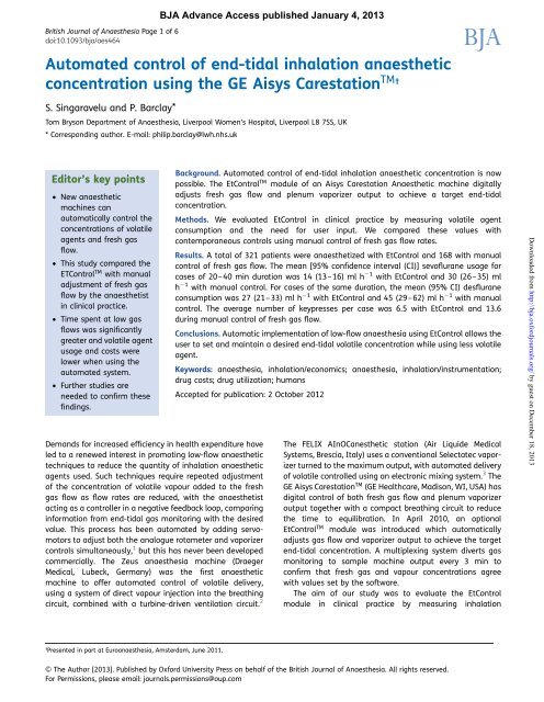 Automated control of end-tidal inhalation anaesthetic ... - BJA