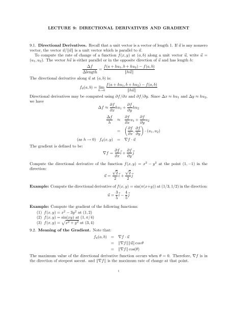 LECTURE 9: DIRECTIONAL DERIVATIVES AND GRADIENT 9.1 ...