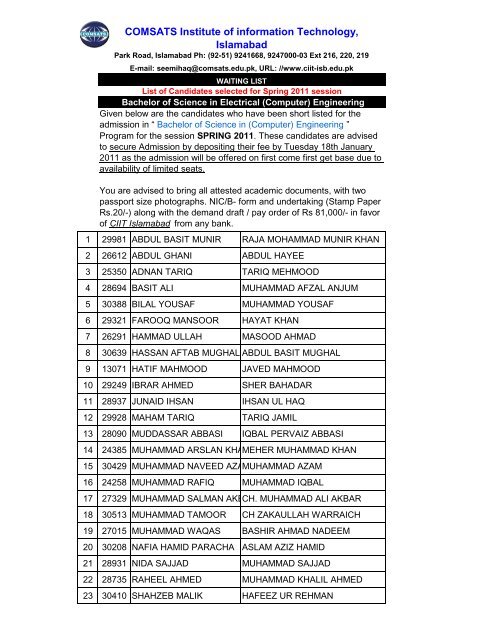 Waiting List of Computer Engineering Admissions Spring 2011