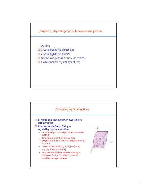 1 Chapter 3: Crystallographic directions and planes Outline ...