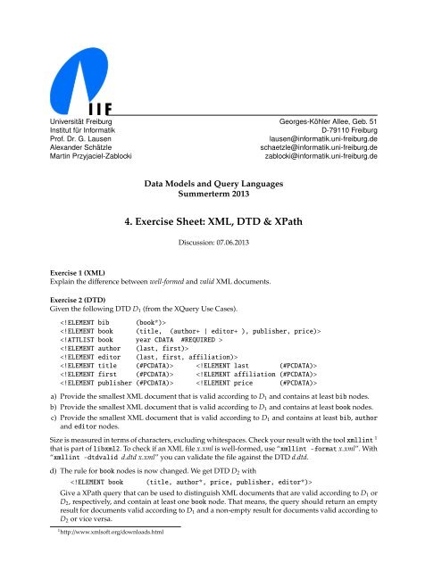 4. Exercise Sheet: XML, DTD & XPath 4. Exercise Sheet: XML, DTD & XPath