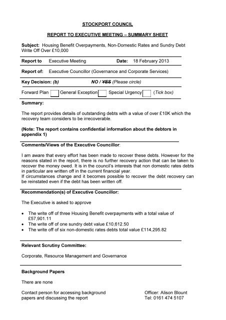 Debt Write Off Report PDF 49 KB - Stockport Council
