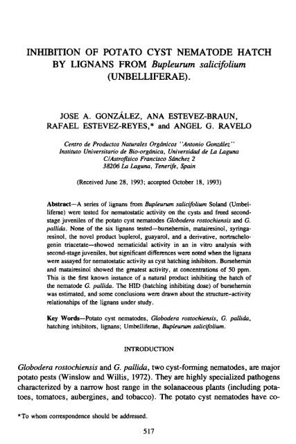 Inhibition of potato cyst nematode hatch by lignans from ... - CSIC