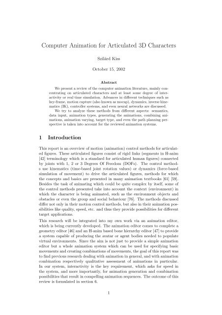 Computer Animation for Articulated 3D Characters