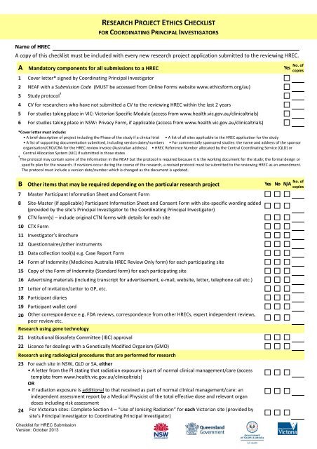 Research Study Checklist for Coordinating Principal Investigators