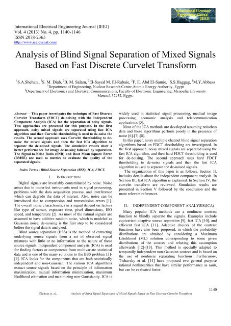 Analysis Of Blind Signal Separation Of Mixed Signals Based On Fast Discrete Curvelet Transformpdf
