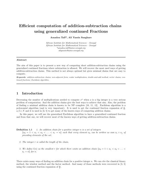 Efficient Computation Of Addition Subtraction Chains Using 9583
