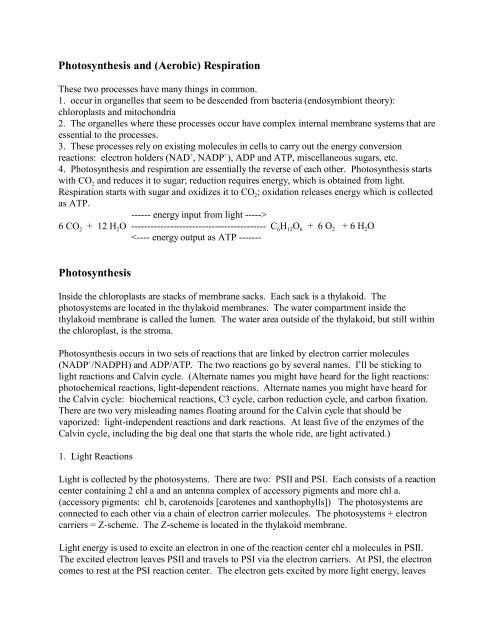 Photosynthesis and (Aerobic) Respiration Photosynthesis