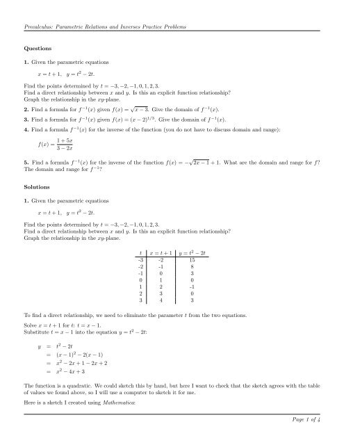 Precalculus Parametric Relations And Inverses Practice Problems
