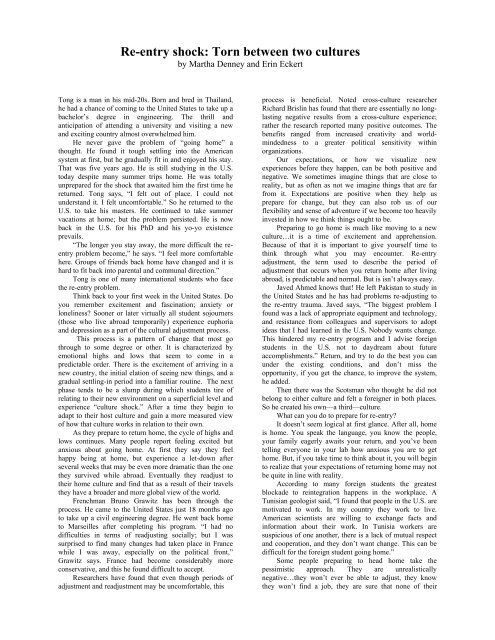 Re-entry shock: Torn between two cultures