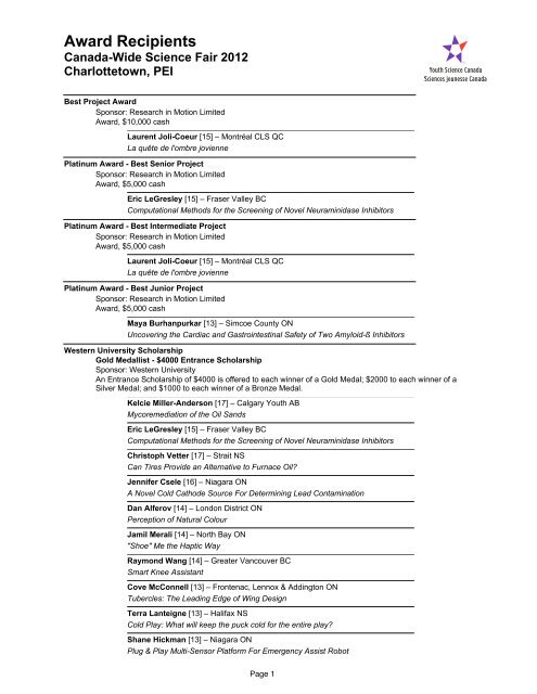 Award Recipients - Canada-Wide Science Fair - Youth Science ...