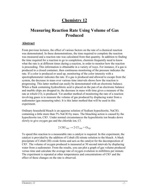 Chemistry 12 Measuring Reaction Rate Using Volume of Gas ...