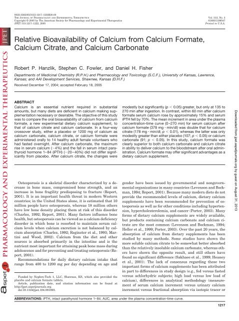 Relative Bioavailability of Calcium from Calcium Formate, Calcium ...